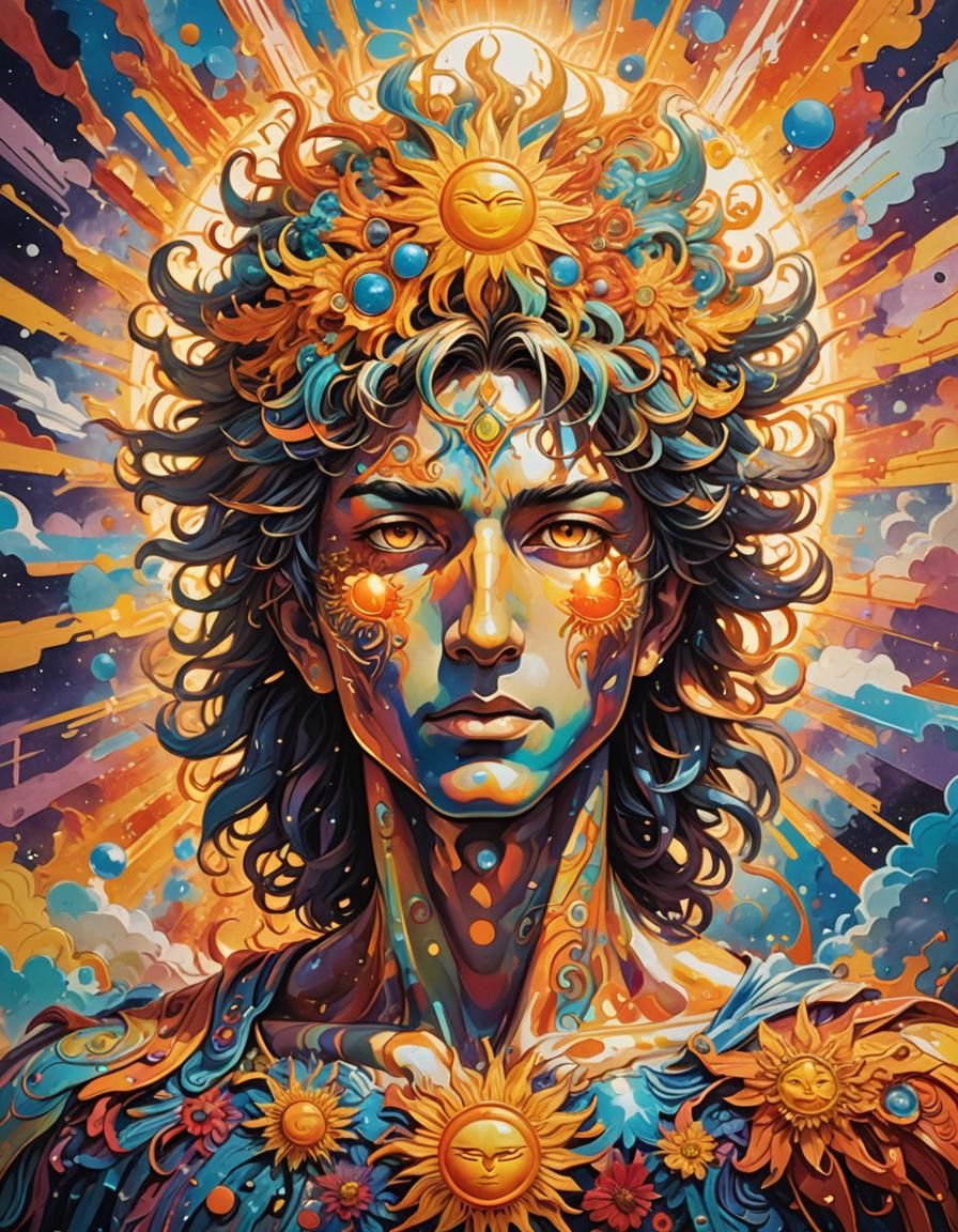 ( intricately detailed iridescent artwork of androgynous Apollo the god ...