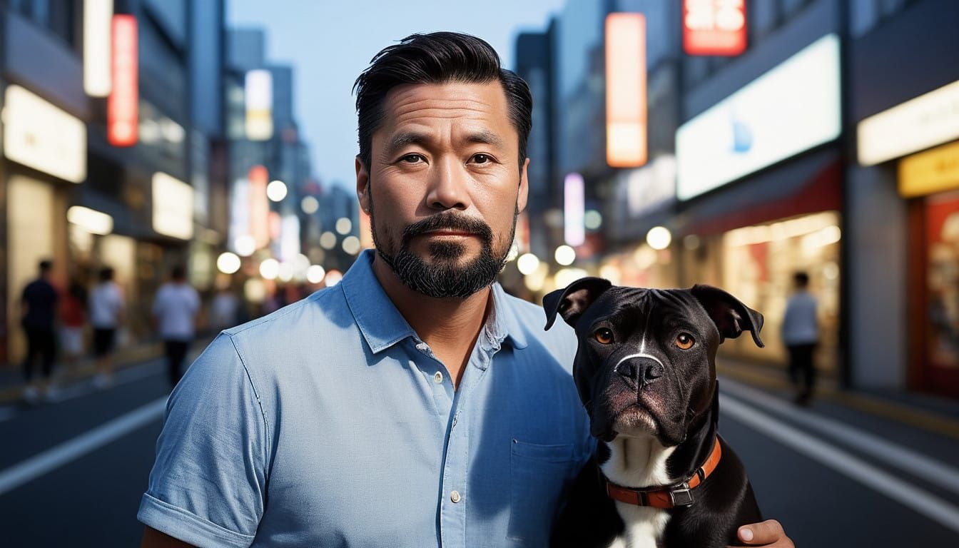 Guy with dog in Tokyo streets - Confident Man with Loyal Com...