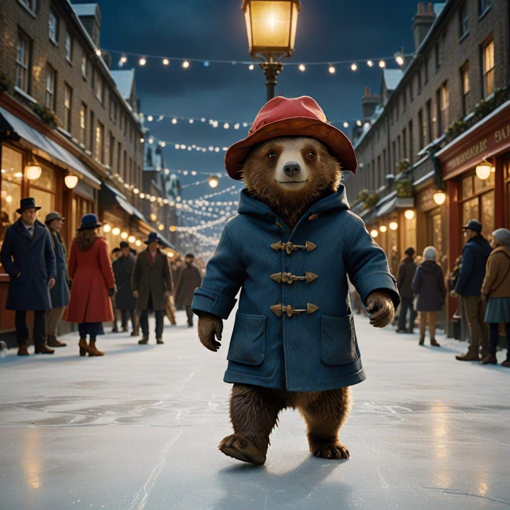Paddington Bear Skates in Golden Light - AI Art