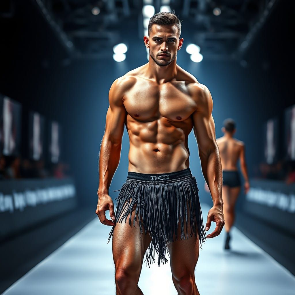 A handsome man strutting down the catwalk