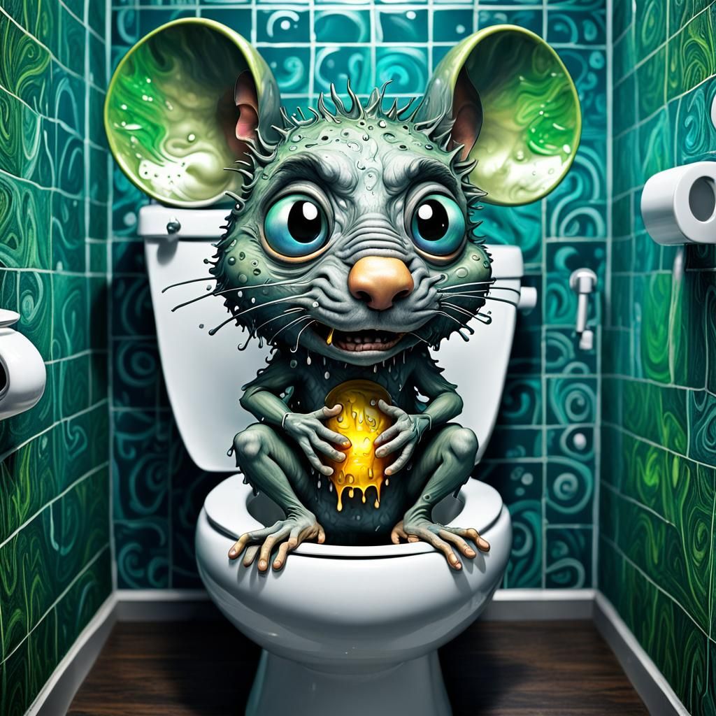 an angry human-sized Chibi Mouse sitting on a toilet, ayahuasca ...