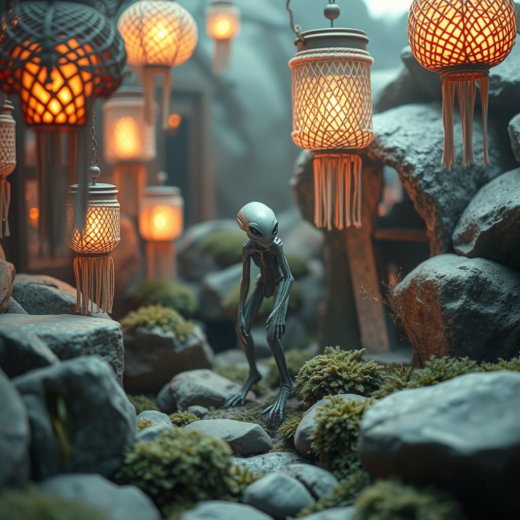 Alien in Japanese Rock Garden with Macrame, Surrea... - AI Art