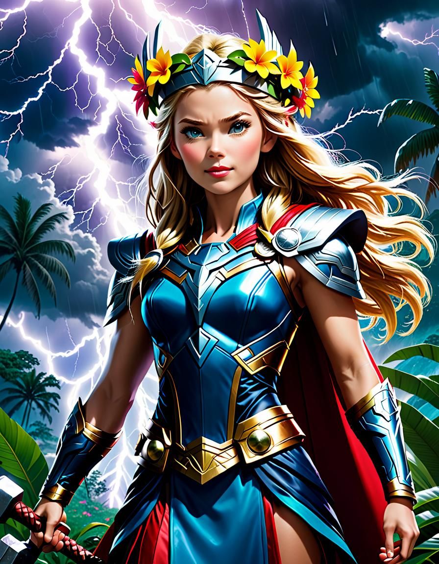 FANTASY - Beautiful Tropical Princess in Thor-inspired gear, with a flower crown, wields Thor's ...