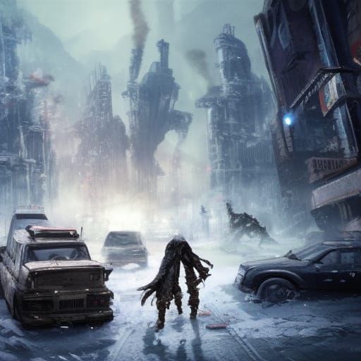 A post-apocalyptic city of ice, snow, and dinosaurs - AI Generated ...