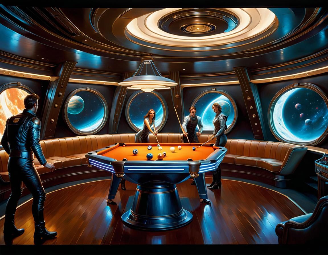 hyperrealistic painting of happy attractive people playing pool in a ...