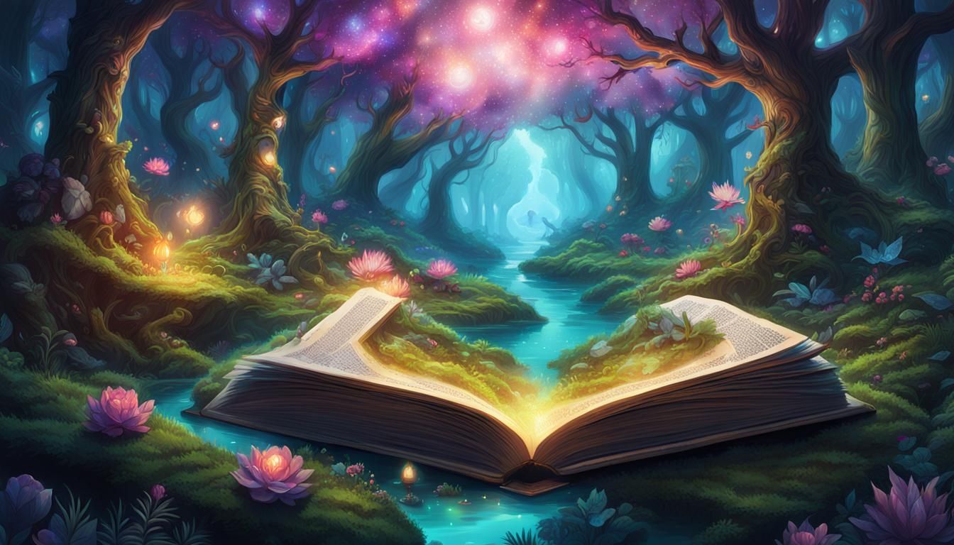 A magical open book with a miniature fantasy world inside of it ...