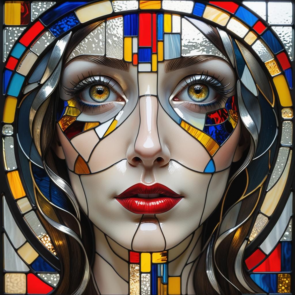 Abstract stained-glass, beautiful female face, anamorphosis. Gustav ...