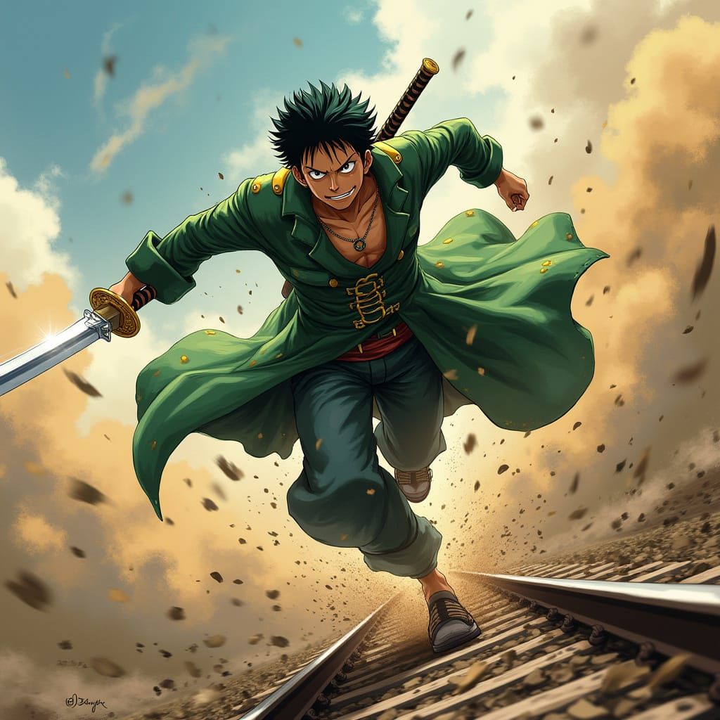 Shonen Hero Zoro Sprints into Action with Swords D... - AI Art