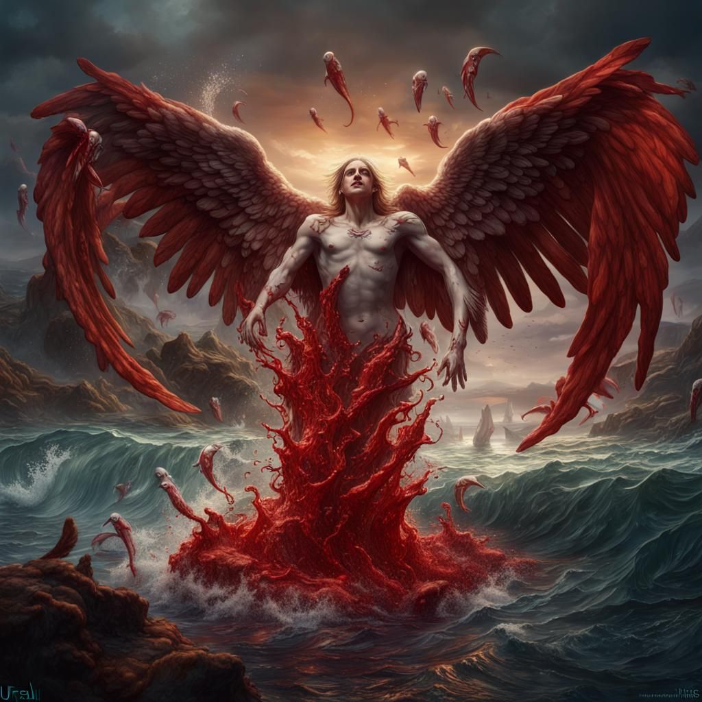 Revelation 16:3, angel pouring red liquid into sea, dead fish, dead men ...