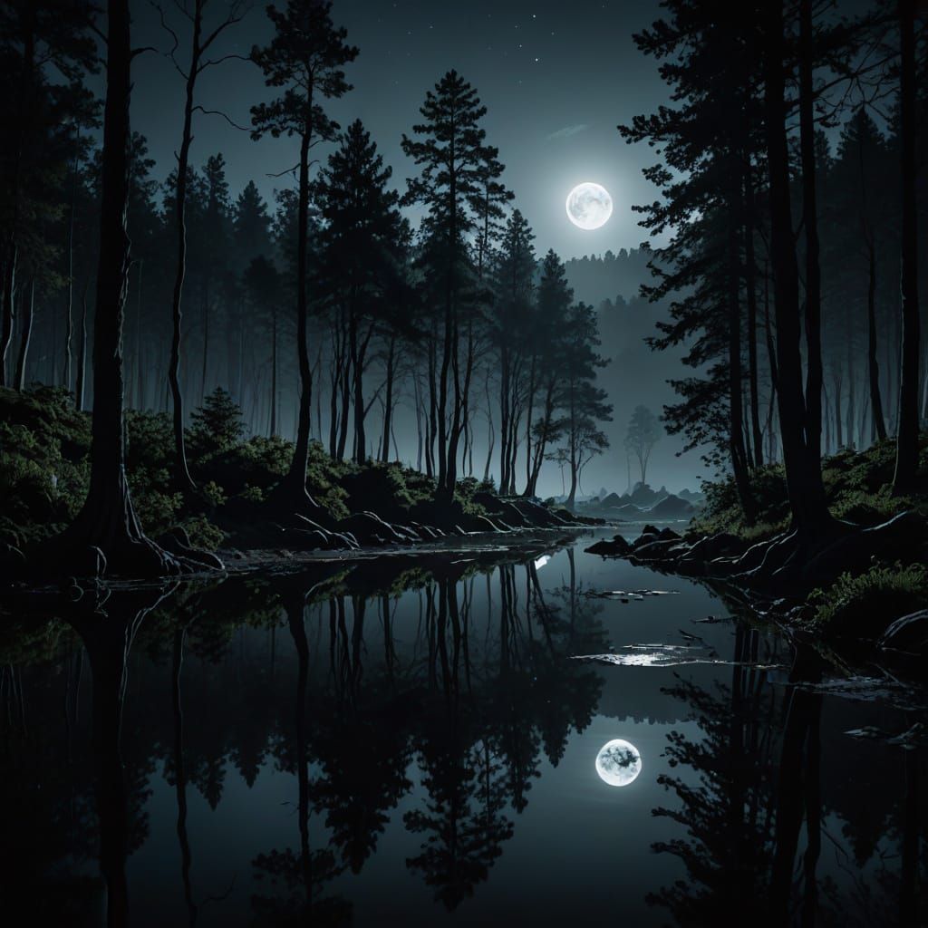 Luminous Chrome Forest at Moonlit Night - AI Art