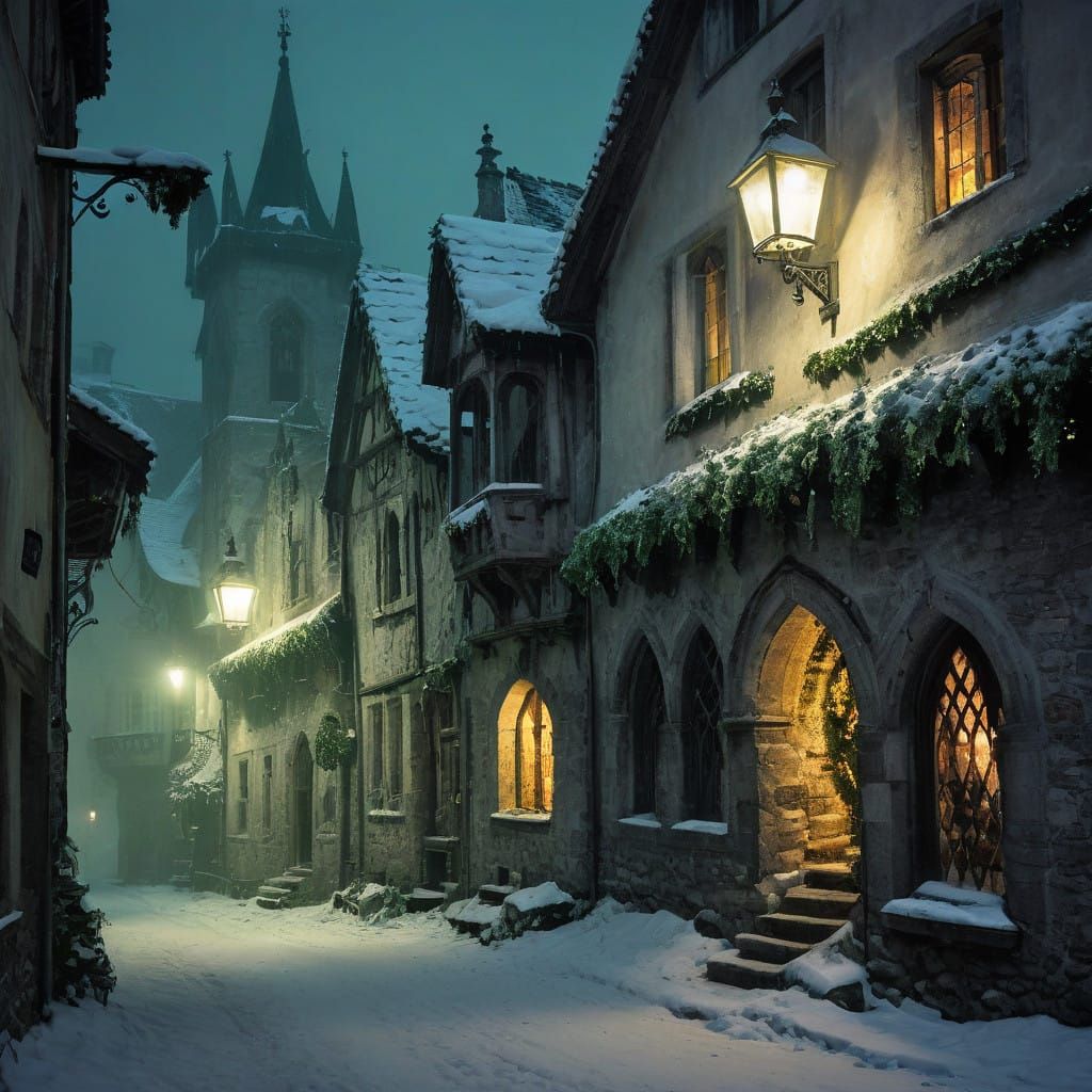 Eerie Medieval Bavarian Village Under Snowy Twilig... - AI Art