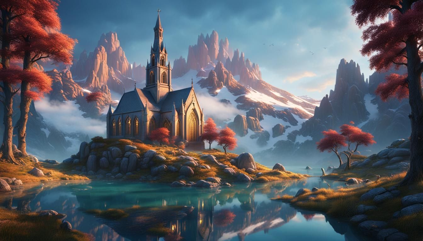 Delightful church of a mountain trail, inside a magic landscape at dawn ...