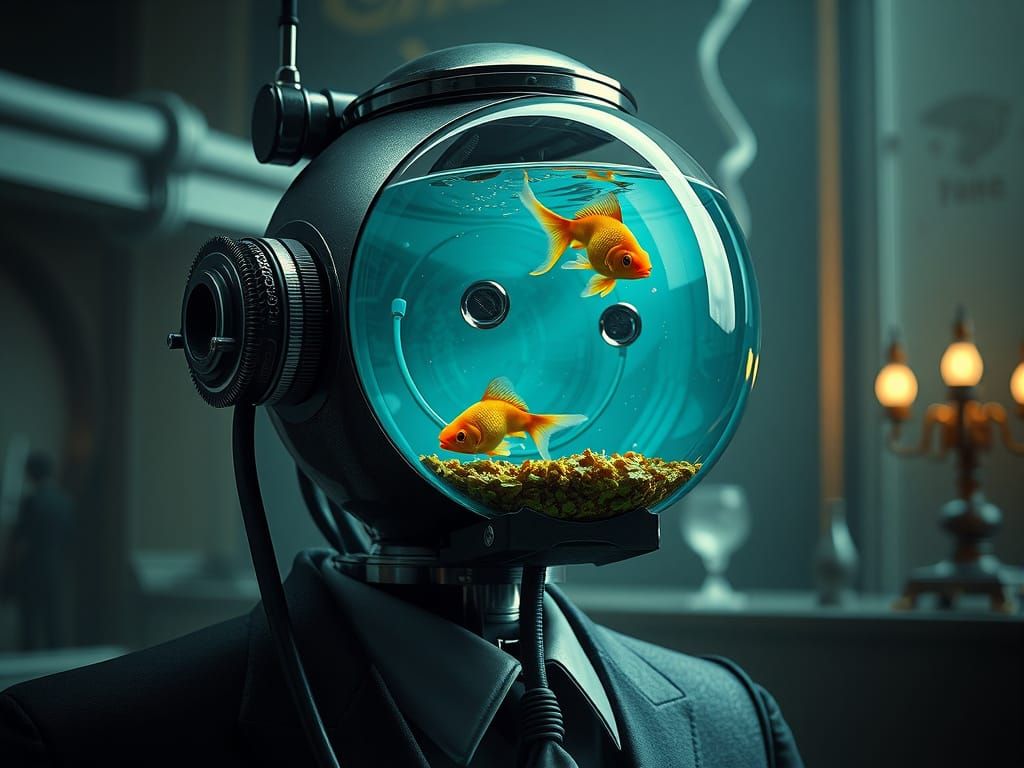 Cyborg Robot with Fish Bowl Head in Dark Futuristi... - AI Art