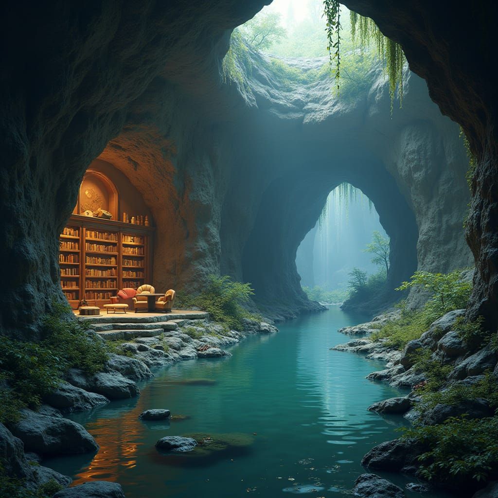 Cave library - Mystical Cave Library Oasis