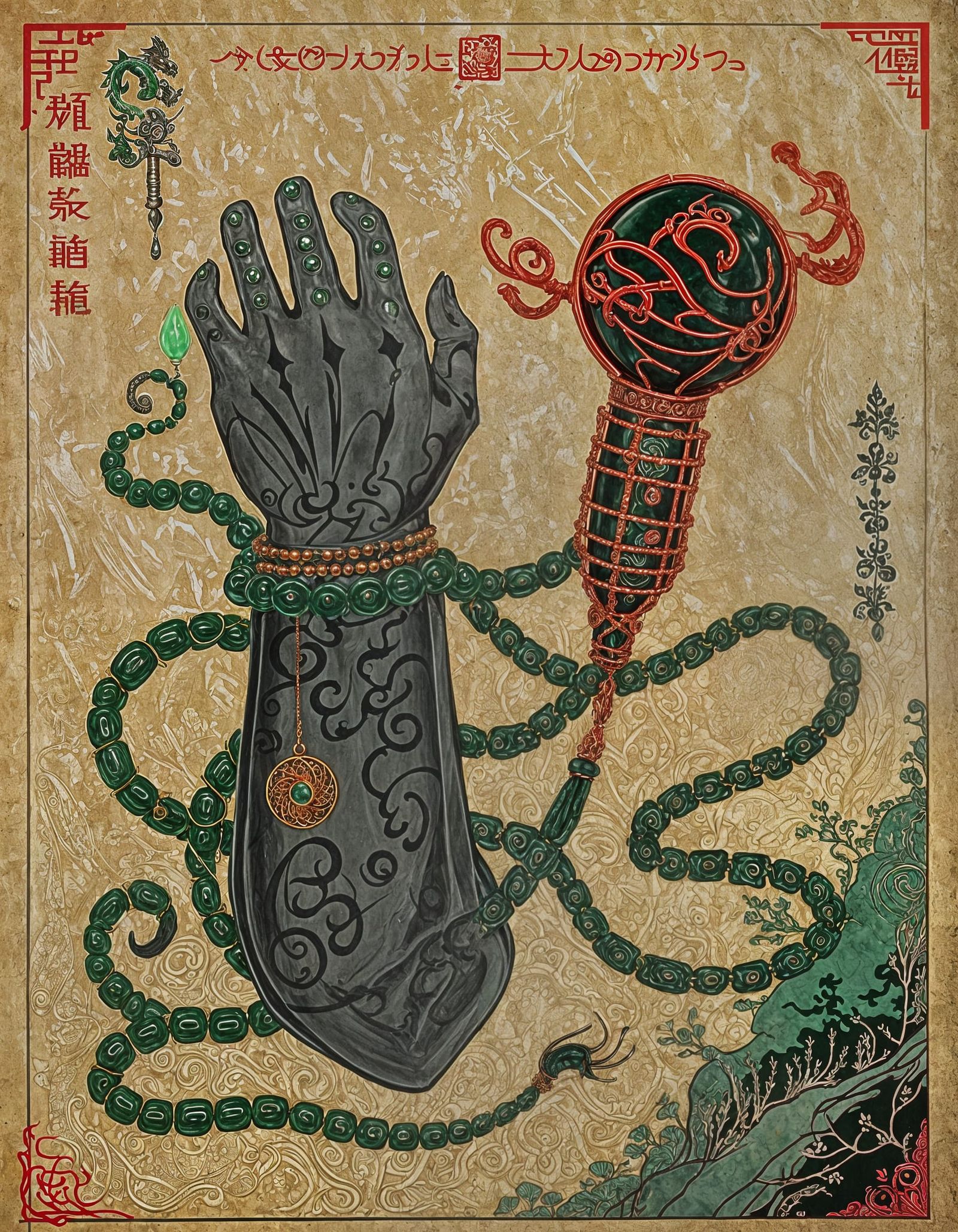 A mystical gauntlet crafted from shimmering blackened jade and dragonsteel