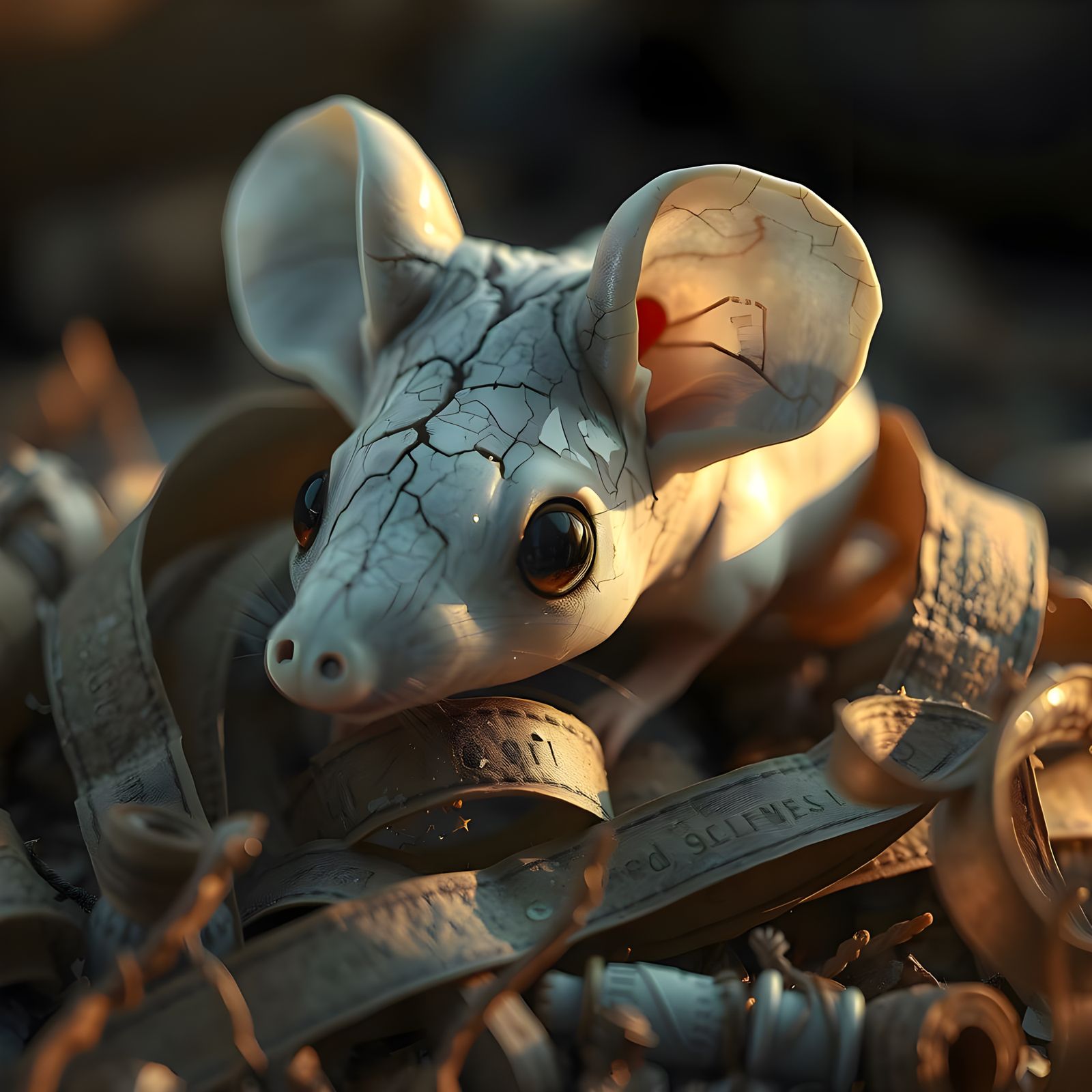A wacky sad looking marble mouse, cracks, broken, trying to mend with ...