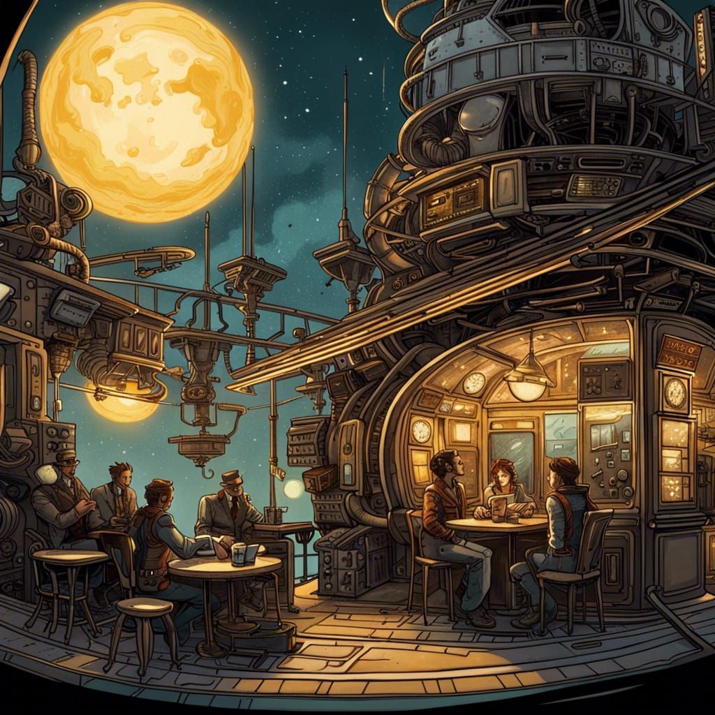 Few sleepy customers, Steampunk solarpunk Parisienne coffee shop space ...