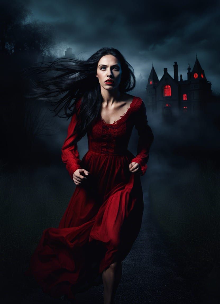 Gothic romance cover frightened beautiful woman long dark hair in a red ...