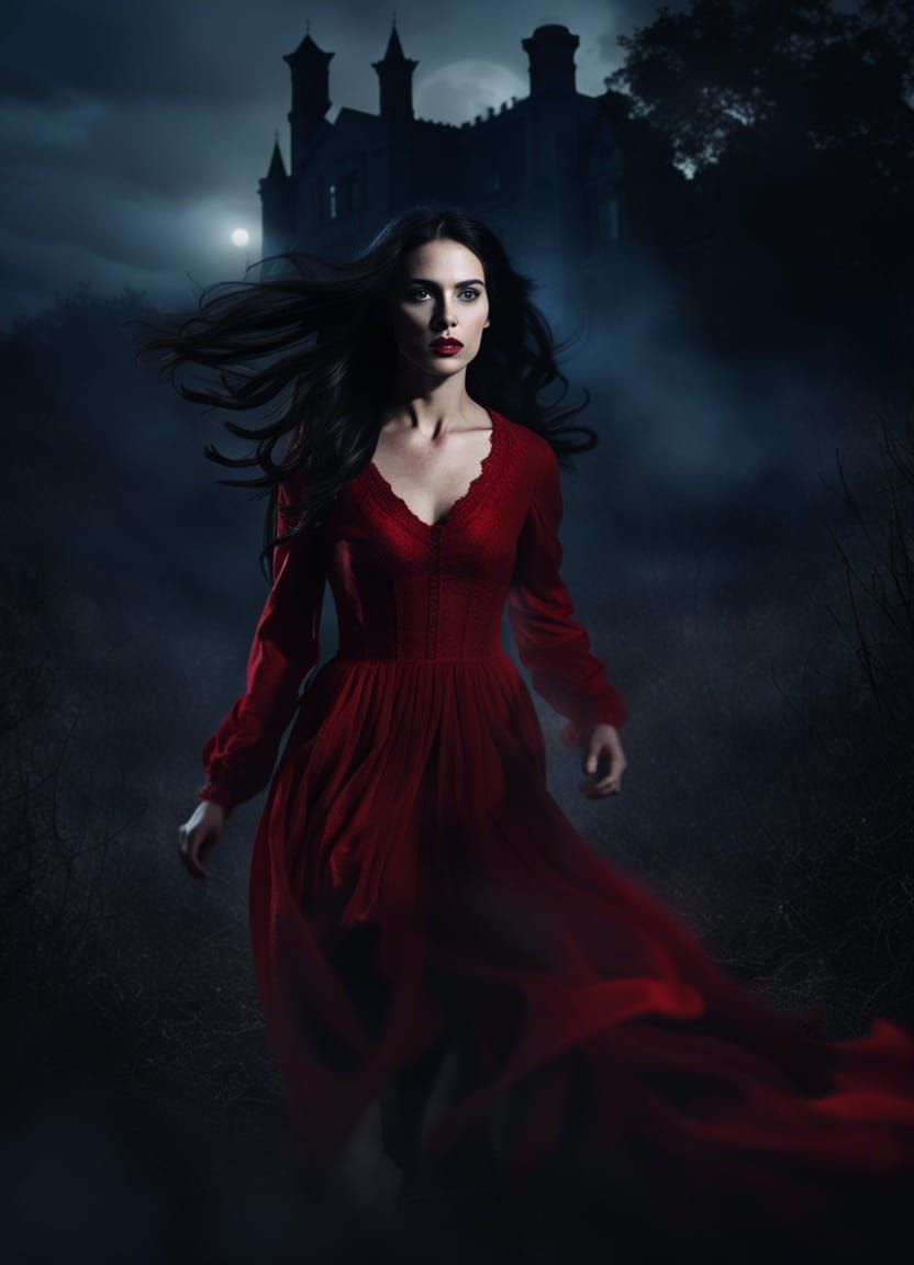 Gothic romance cover frightened beautiful woman long dark hair in a red ...