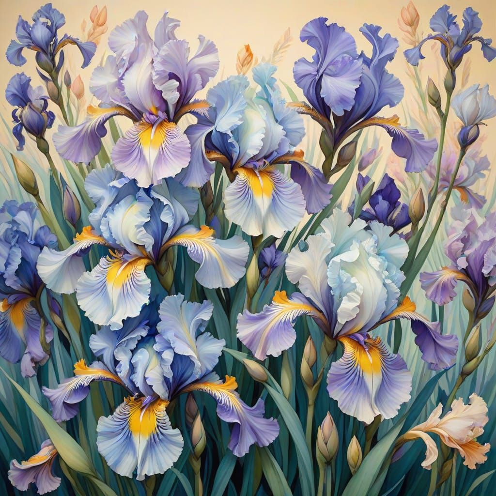 Iris, Flowers. - Exotic Iris Blooms in Soft Impressionist Li...