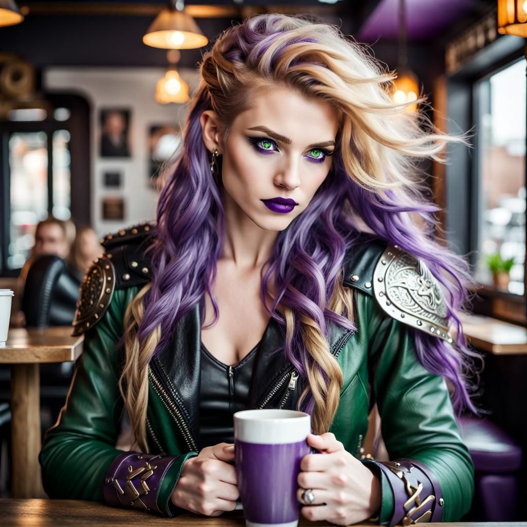 Gothic Punk Valkyrie in Leather Biker Outfit Sips ... - AI Art