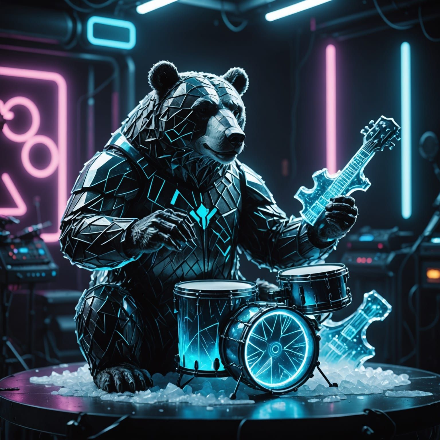 A booming bear playing a drum set made of ice, inspired by the organic ...