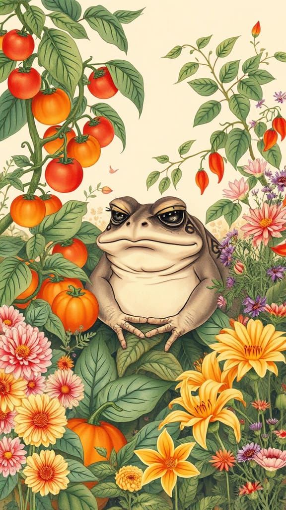 Grumpy garden toad - Whimsical Toad in a Lush Botanical Gard...