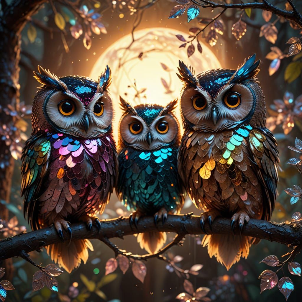 Whimsical Sequin Owls Perched in Iridescent Hues - AI Art