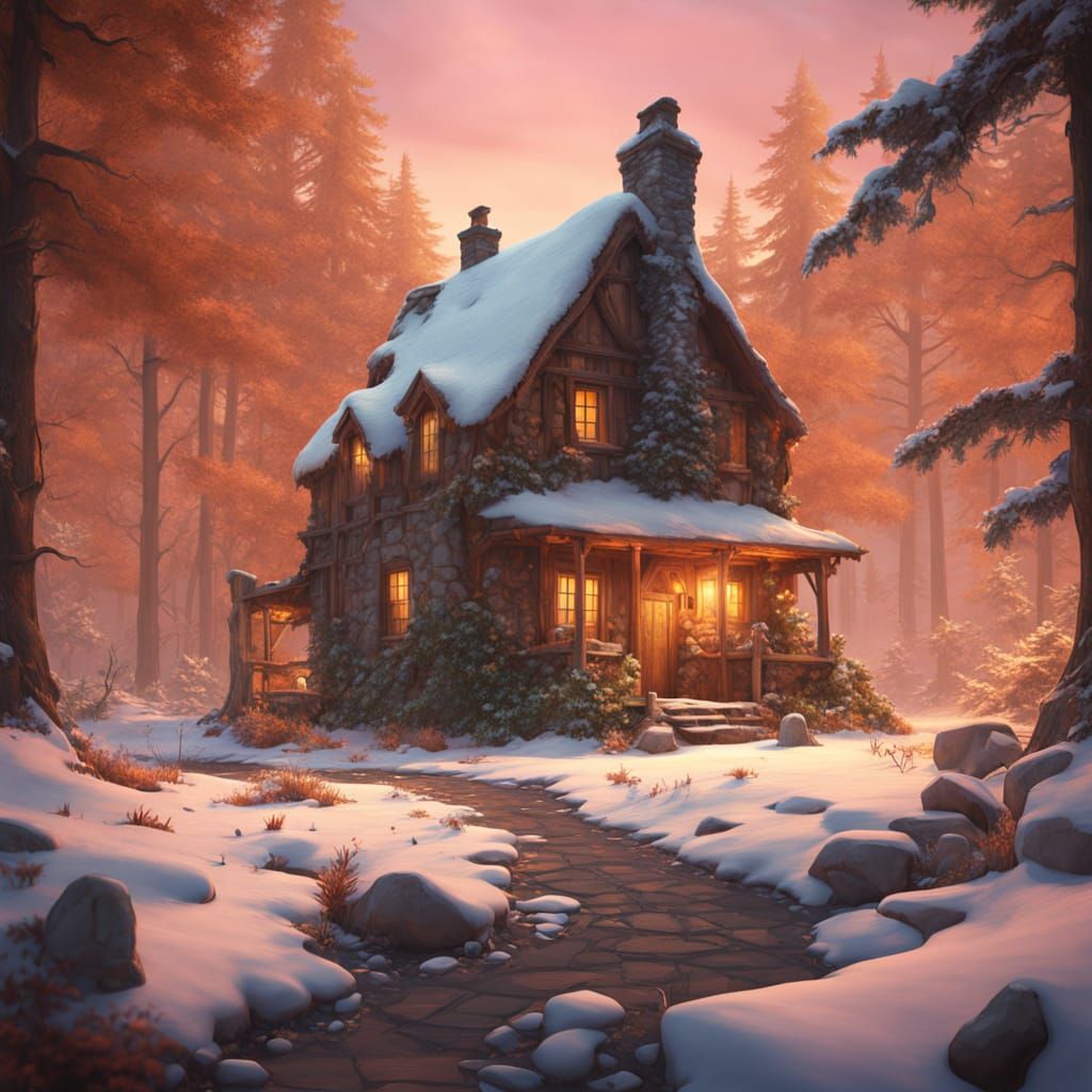 Warm Seasonal Cottage - Surreal Winter Wonderland Scene in M...