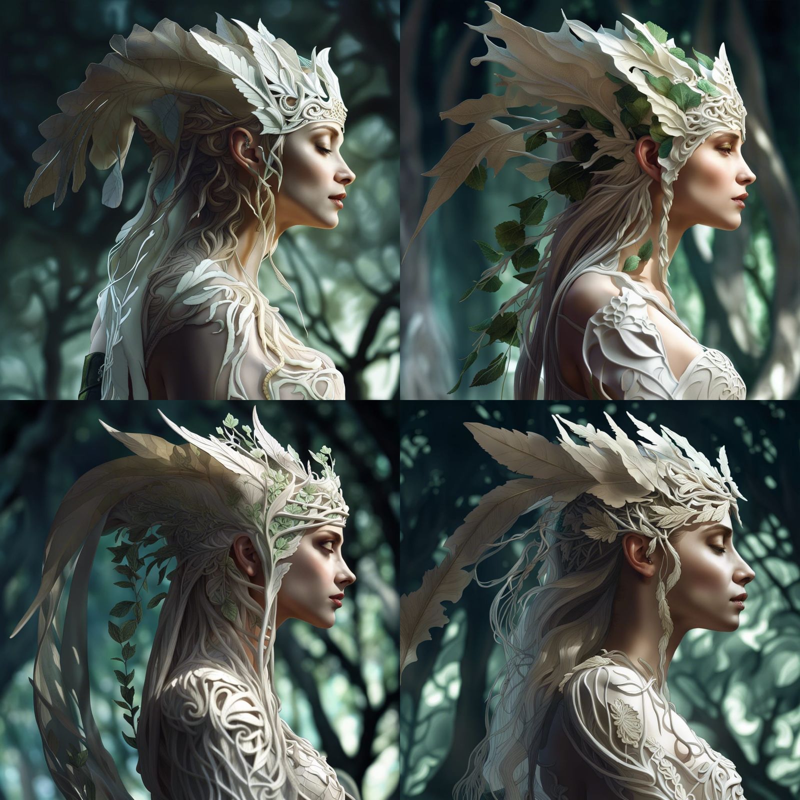 side portrait, headpiece on woman made of carved white bone, forest elf ...