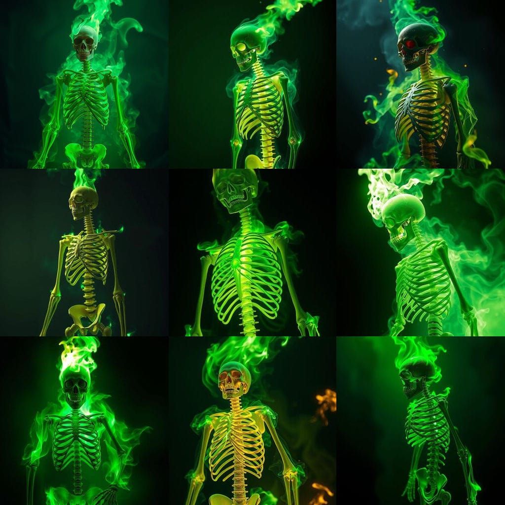 Ghostly skeletal figure shrouded in eerie, pulsing green fire that ...