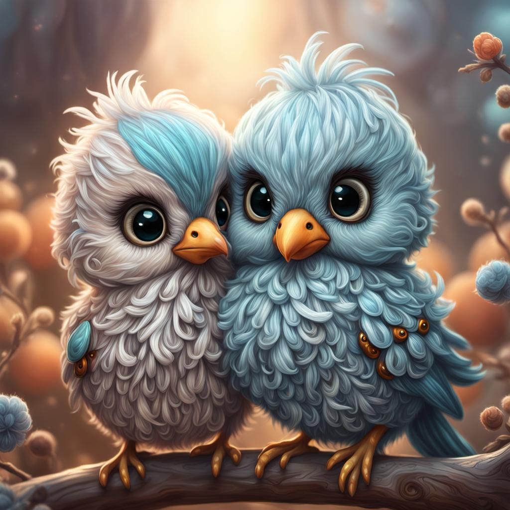 Two cute fluffy tiny fluffy baby yarn birds in a warm embrace!!! Big ...