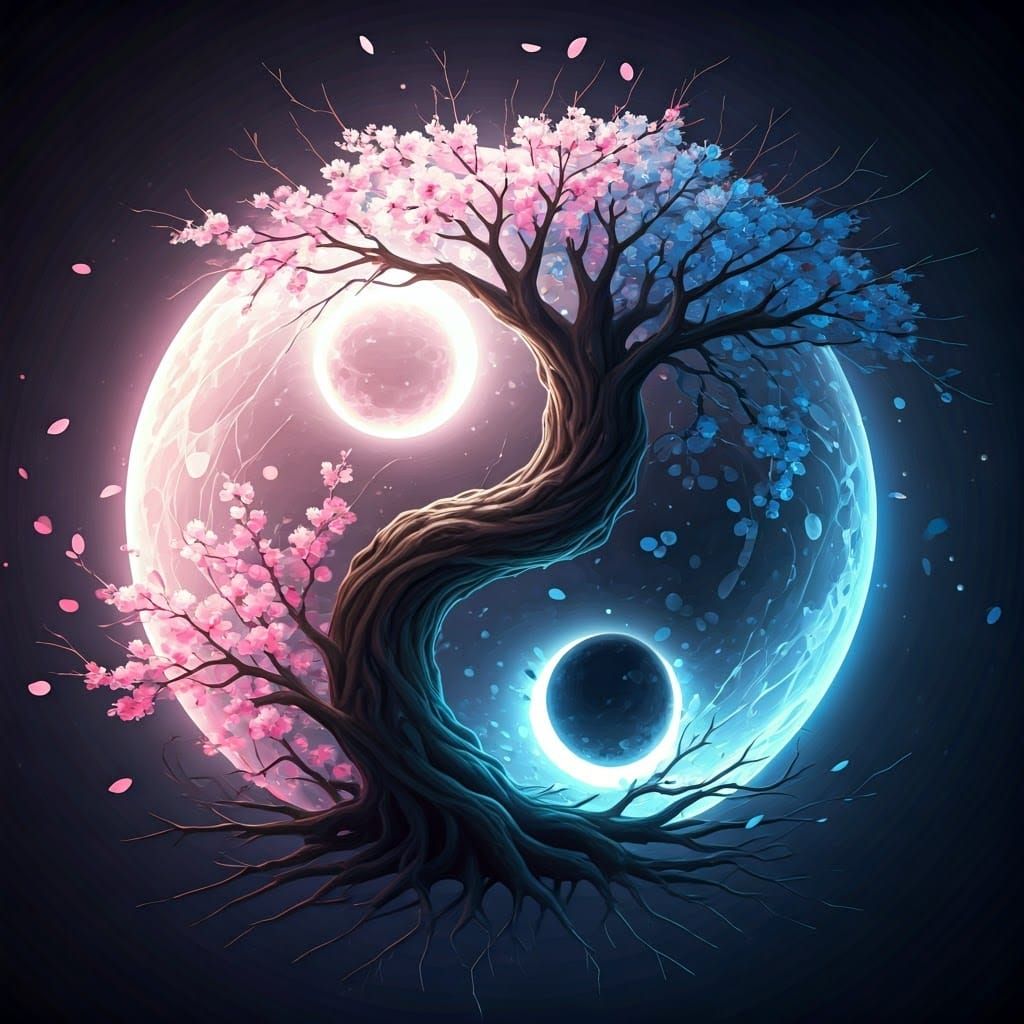 Sakura Yin and Yang (1) - Luminous Yin-Yang Symbol with Saku...