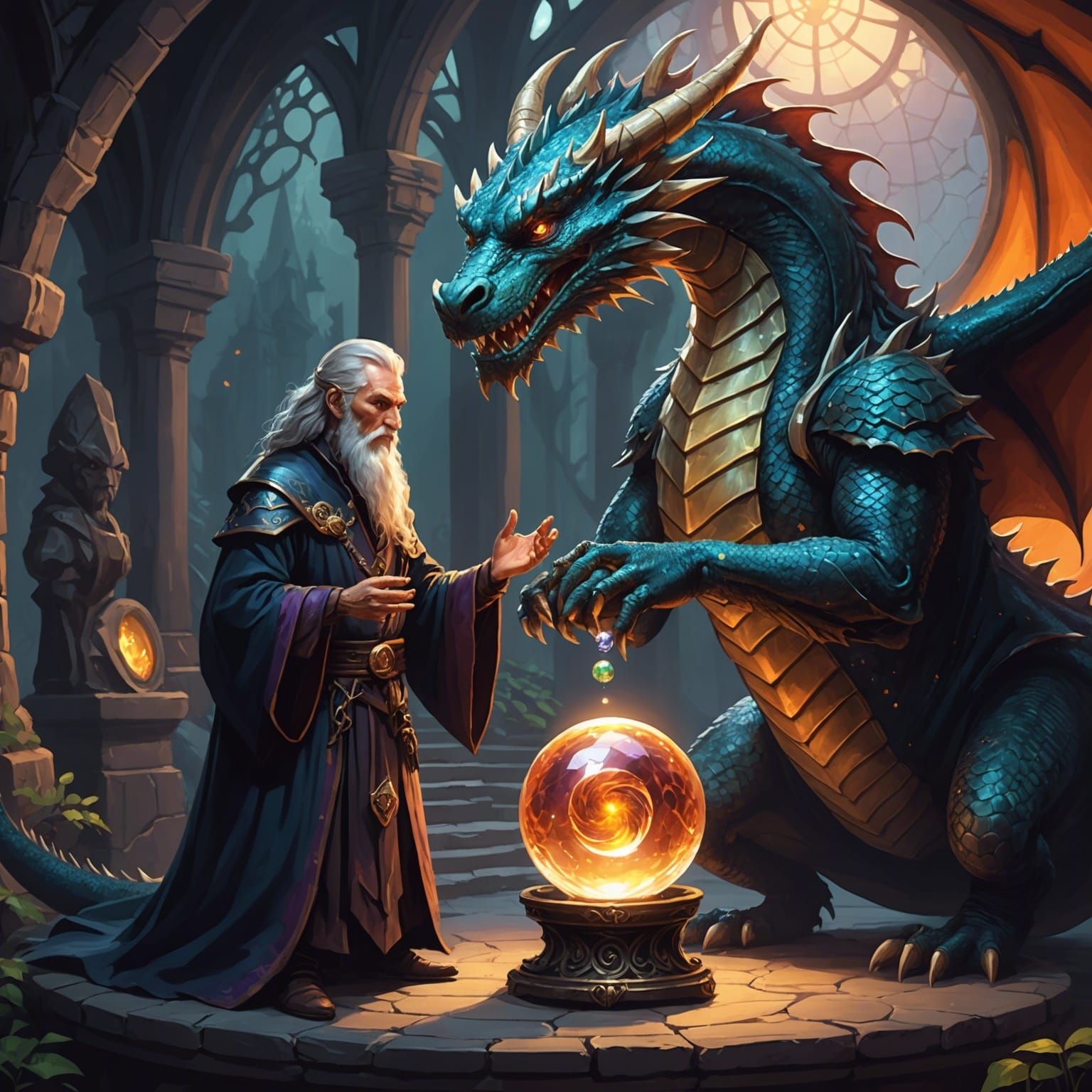Dragon guarding his wizard master who holds a crystal ball in his hand ...