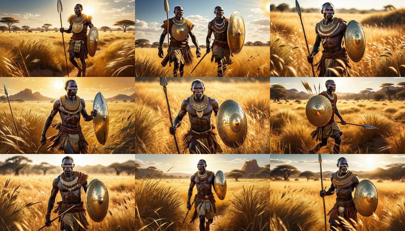 An ancient African tribesman strides through golden savanna grass ...