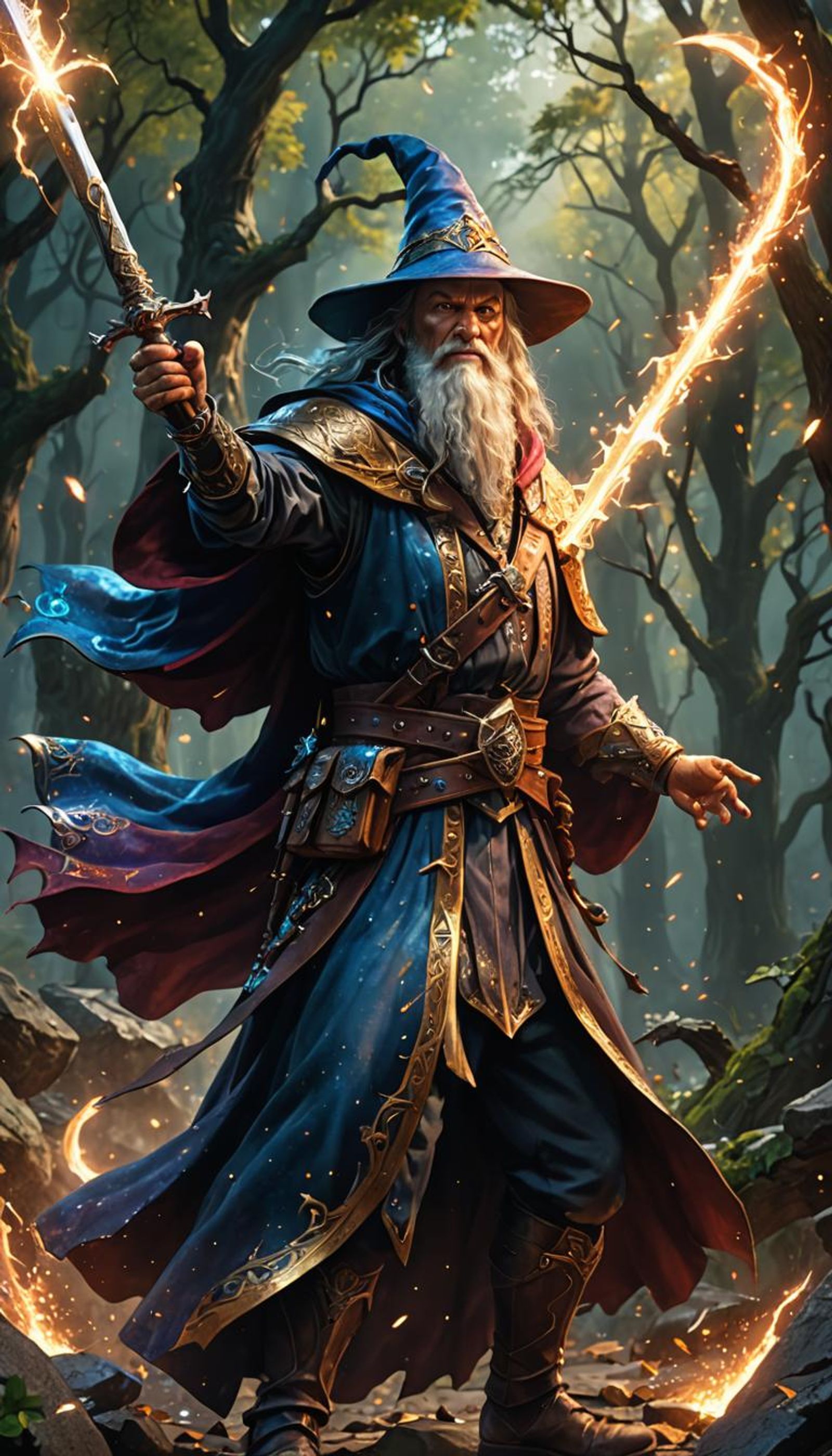 Wizard bladesinging male casting bright magic sparkles, holding a magic ...