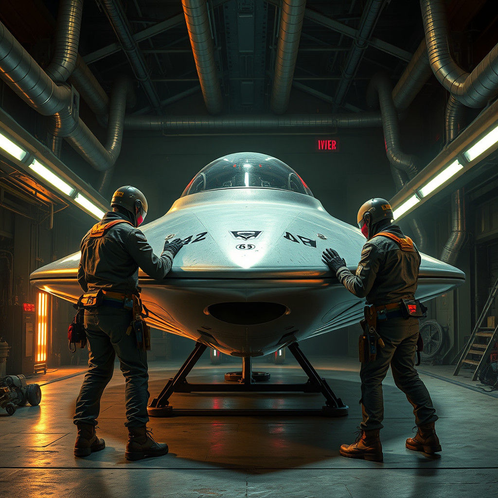 Alien Mechanics Repairing Futuristic Flying Saucer... - AI Art