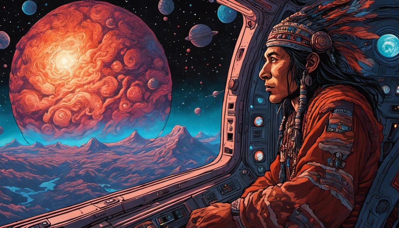 "30-year-old male Native American shaman in deep space looking out ...