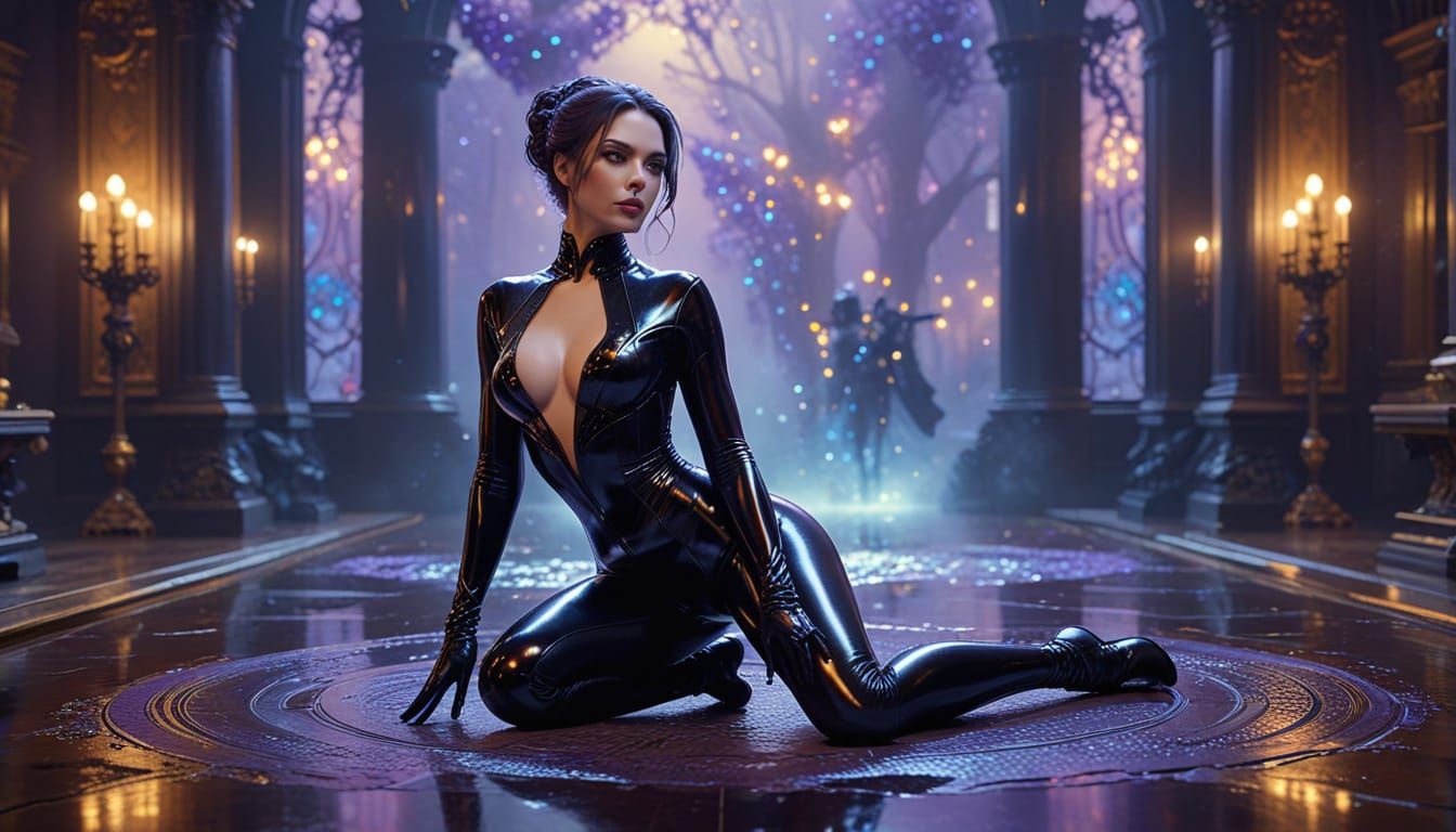 Sensual Woman in Black Latex Bodysuit with Long Gl... - AI Art