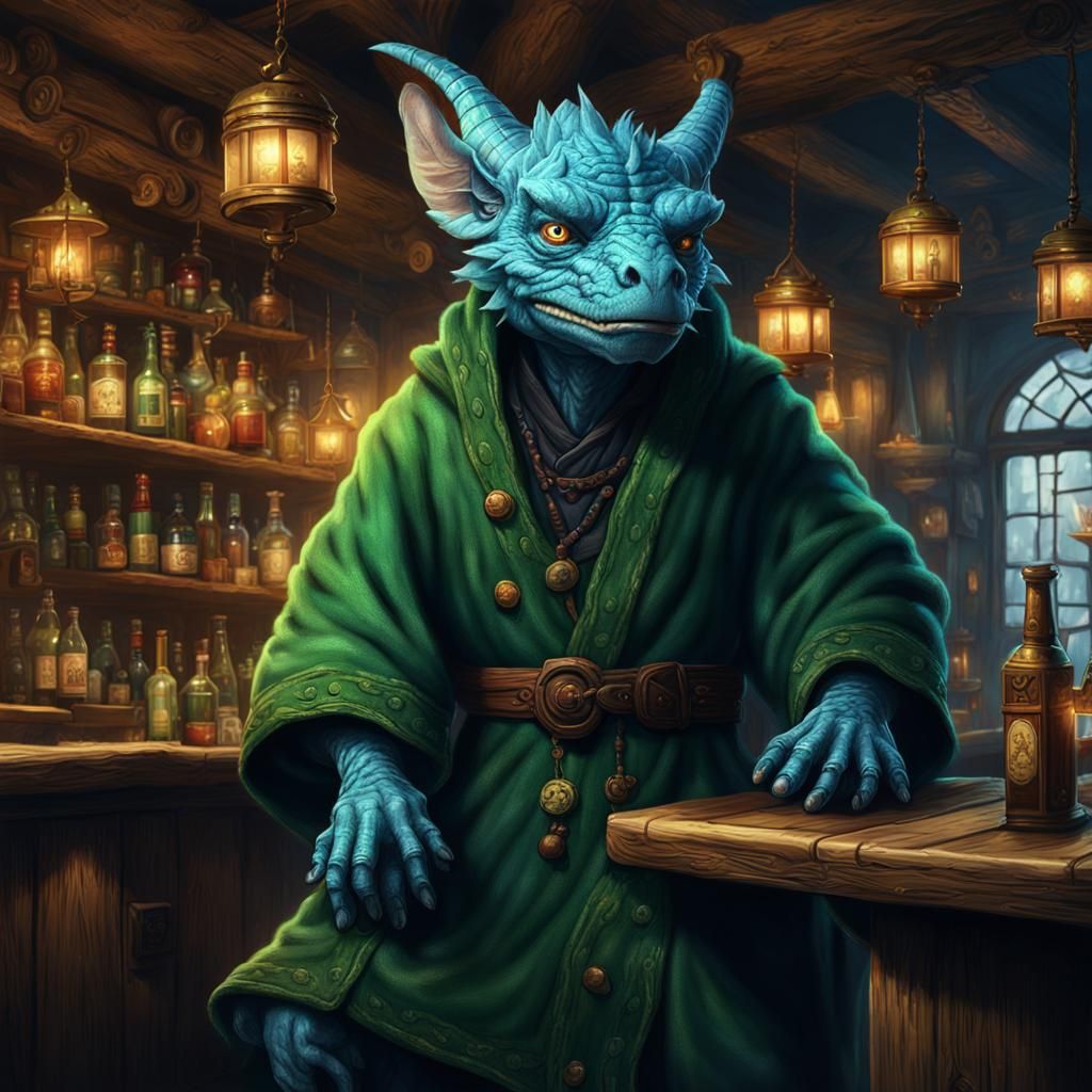 Blue Kobold wearing a green robe in a tavern - AI Generated Artwork ...