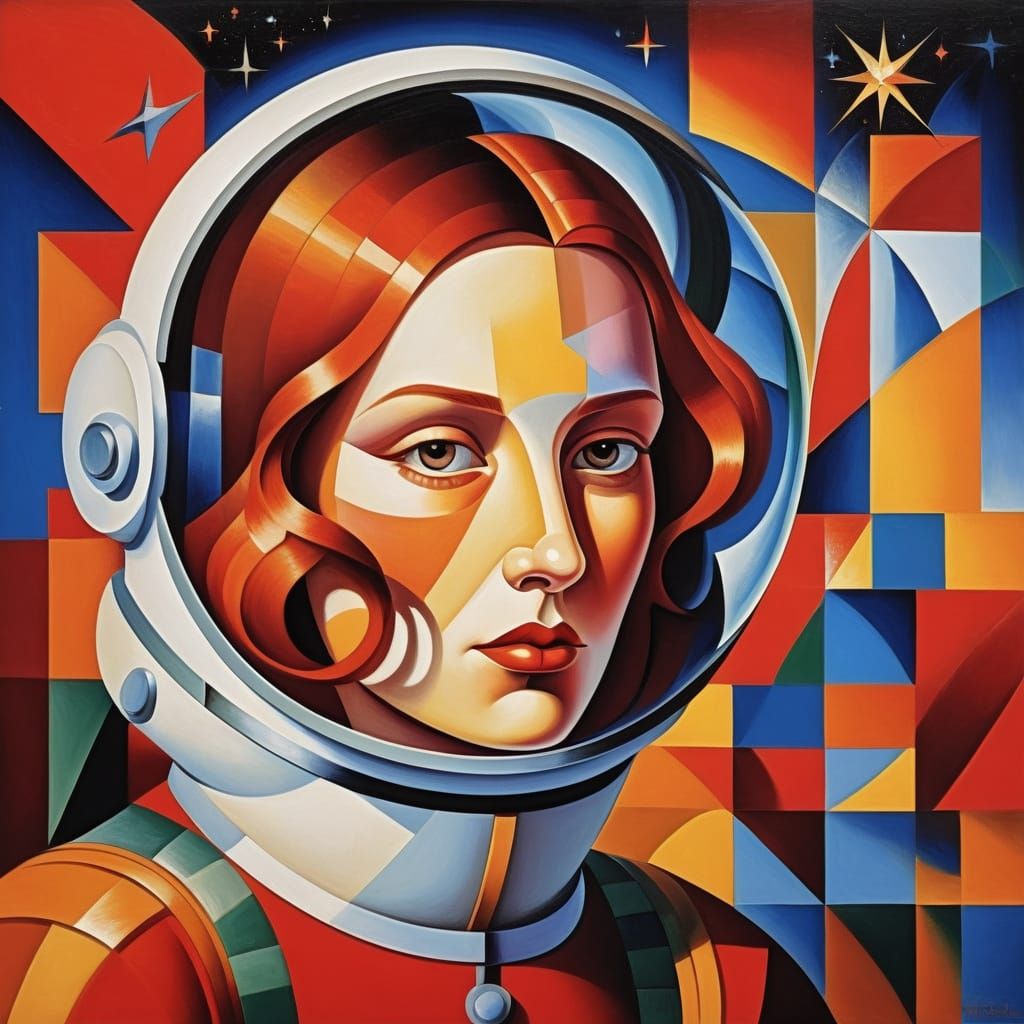 Woman in Cubist Space Suit, Divided Emotions - AI Art