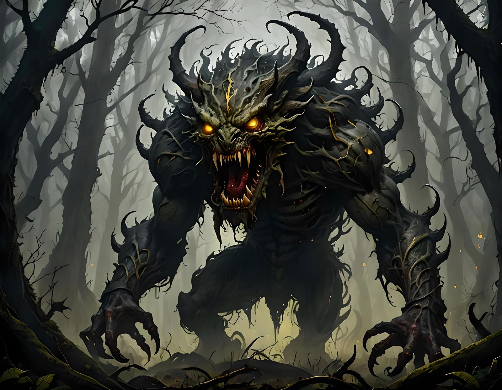 Monstrous creature with twisted limbs and glowing yellow eyes, lurking ...