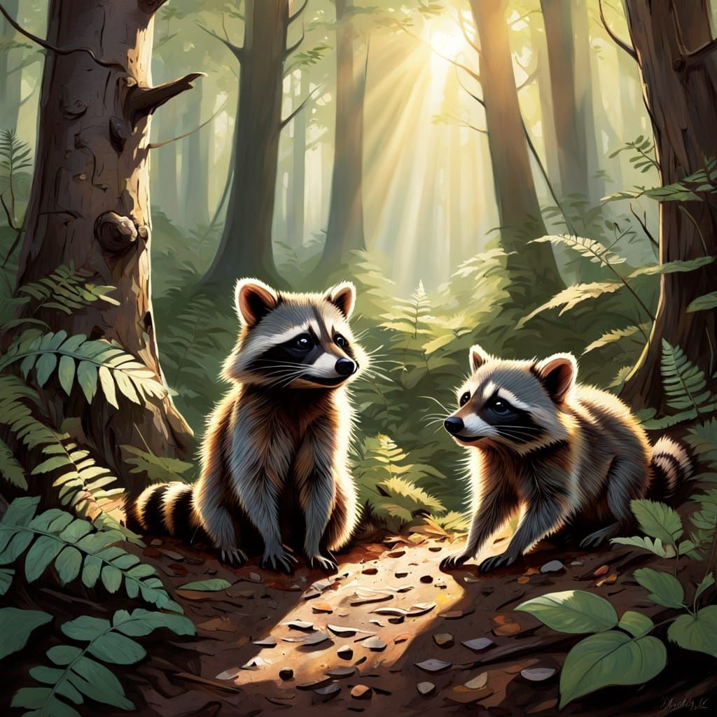 Raccoons in the Forest - Whimsical Forest Scene with Adorabl...