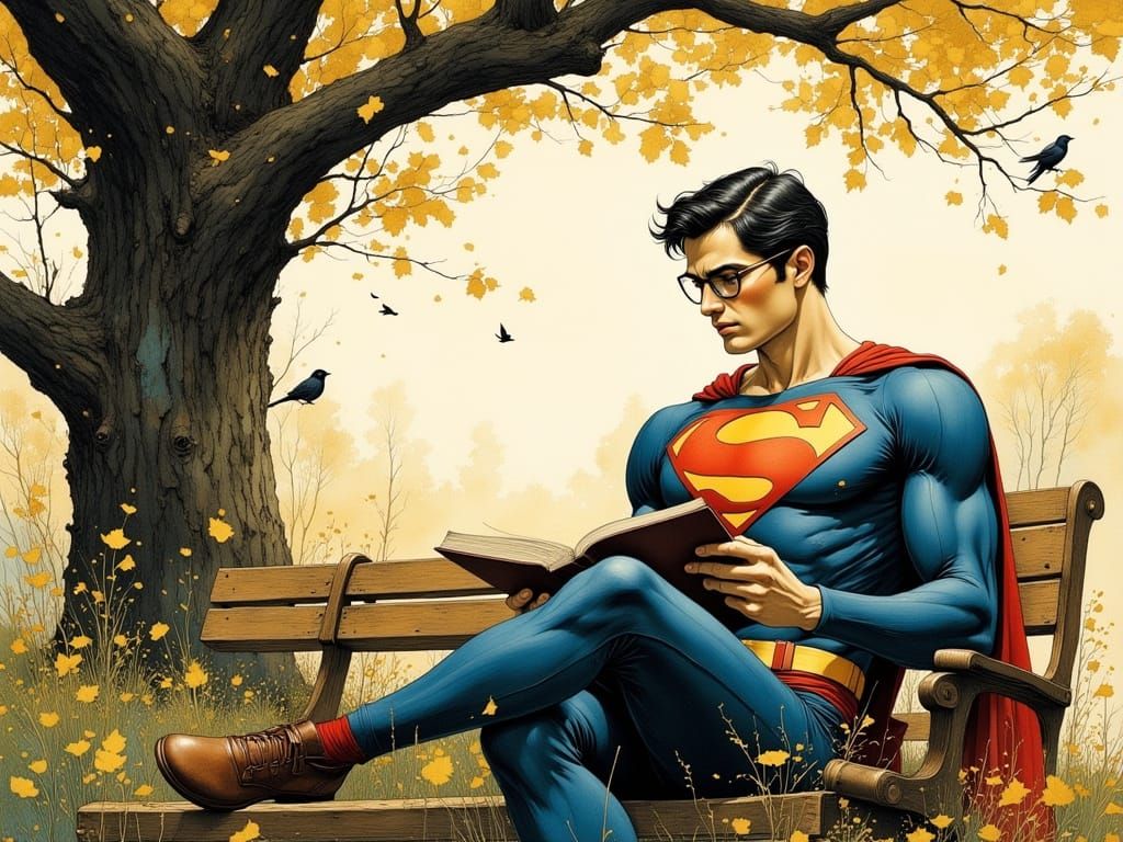 Superman sitting on a park bench, intently reading a book.