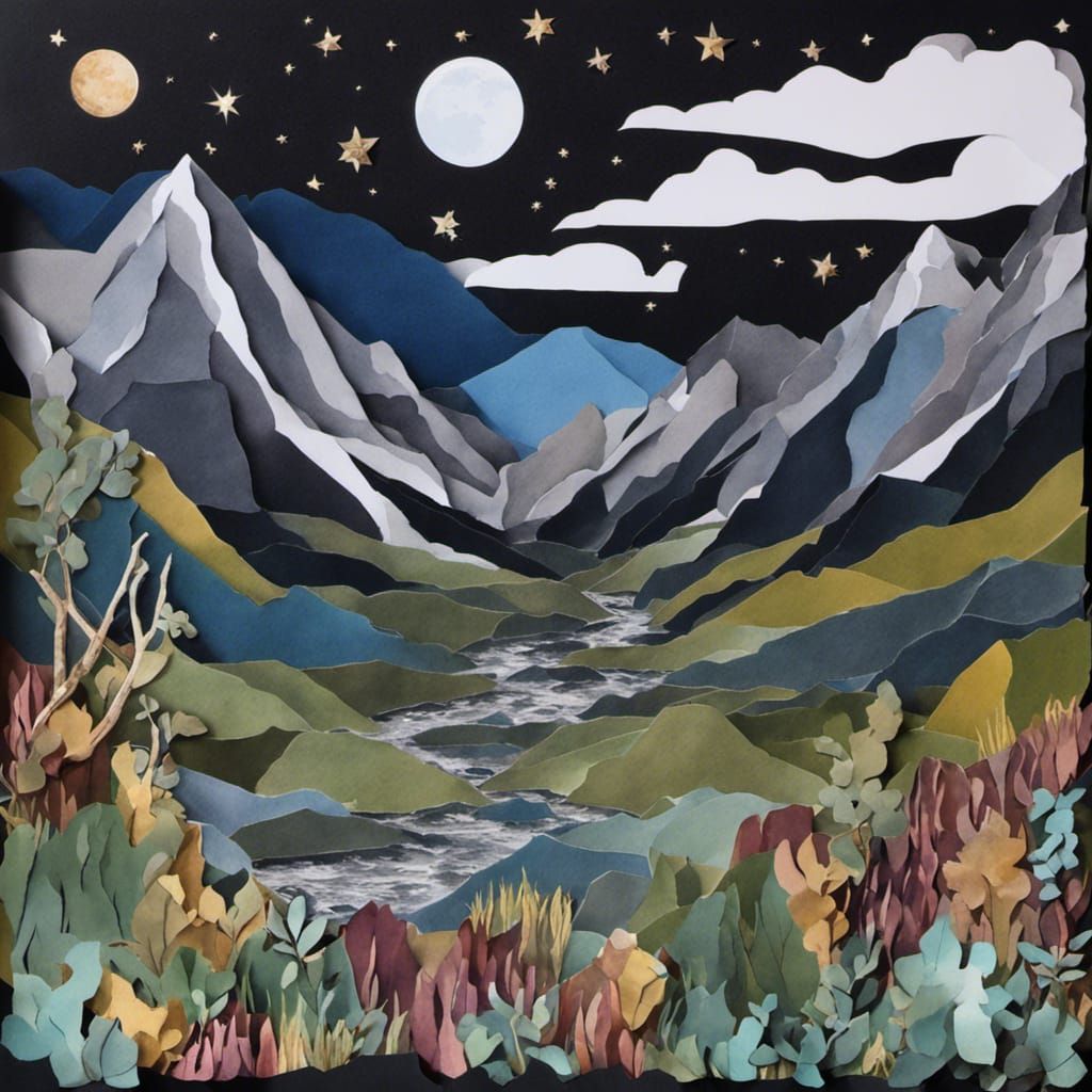 3d Paper Collage, Mountain Valley Landscape, Shadowy Peaks, Serpentine ...