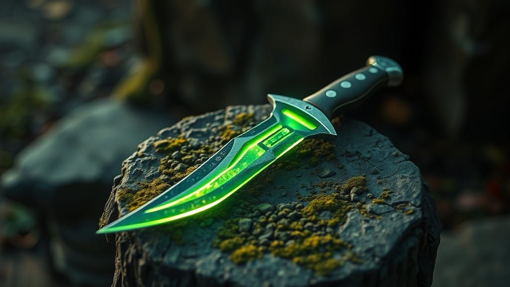 Glowing Hybrid Dagger on Weathered Stone Plinth - AI Art