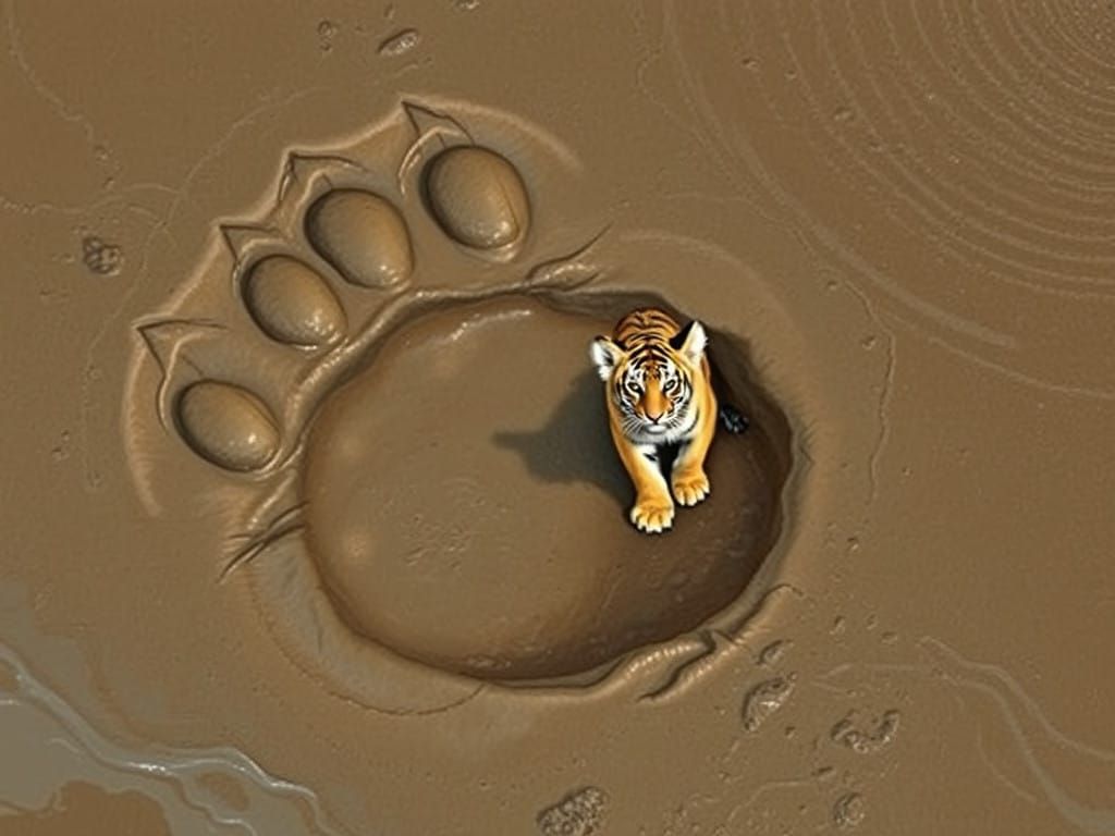 Majestic Tiger Footprint with Cub Inside, in River... - AI Art