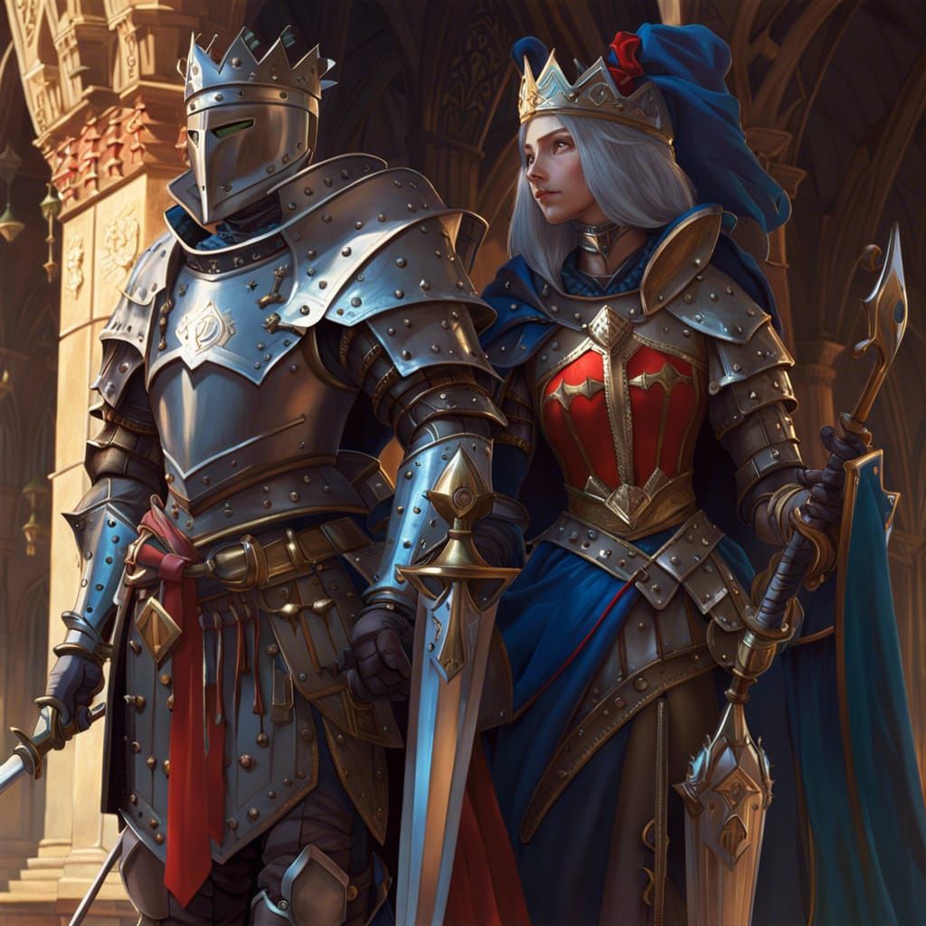 Medieval knights, king, queen jester. Beautiful hyper-detailed render ...