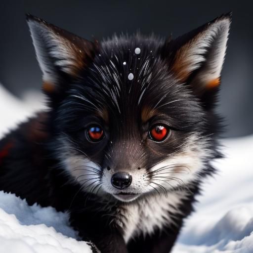 Close-up portrait of an adorable baby black-fox cub with glowing red ...