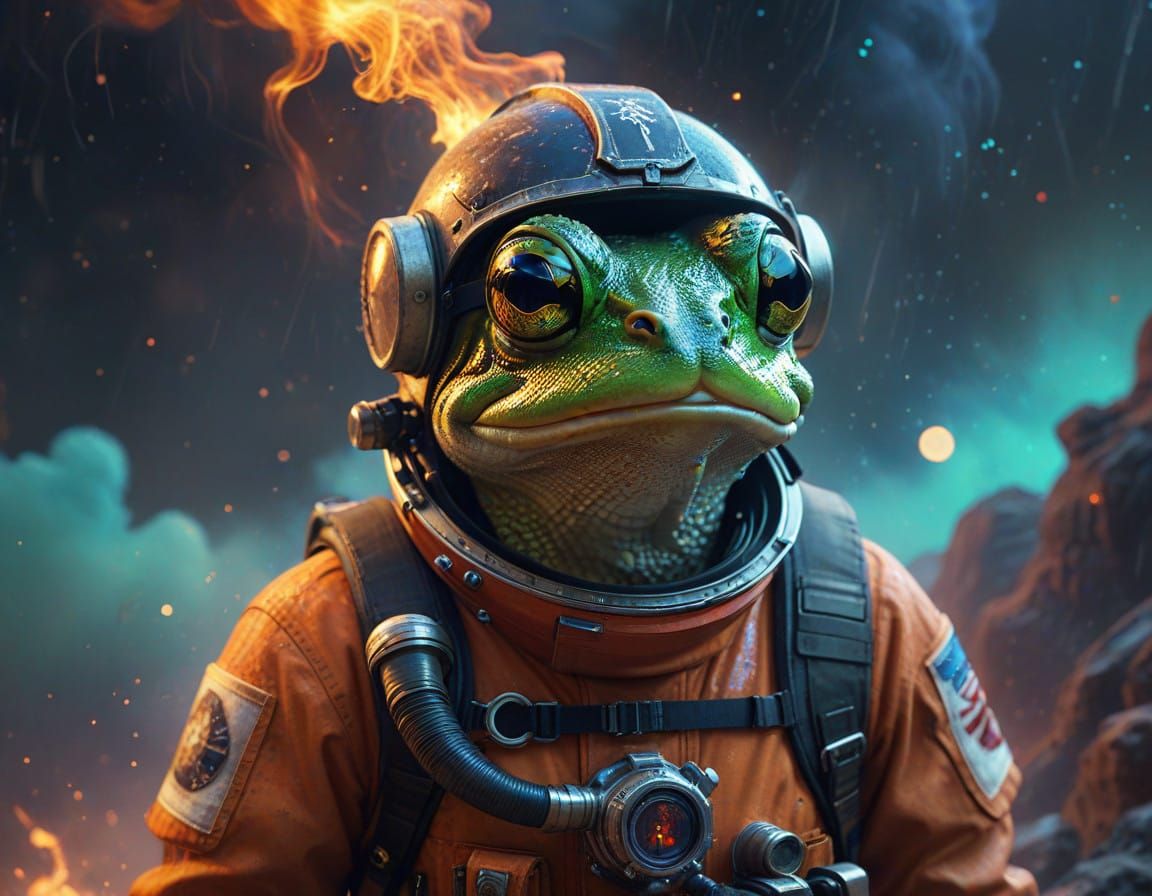 portrait anime adorable anthropomorphic frog fire fighter, glowing eyes ...